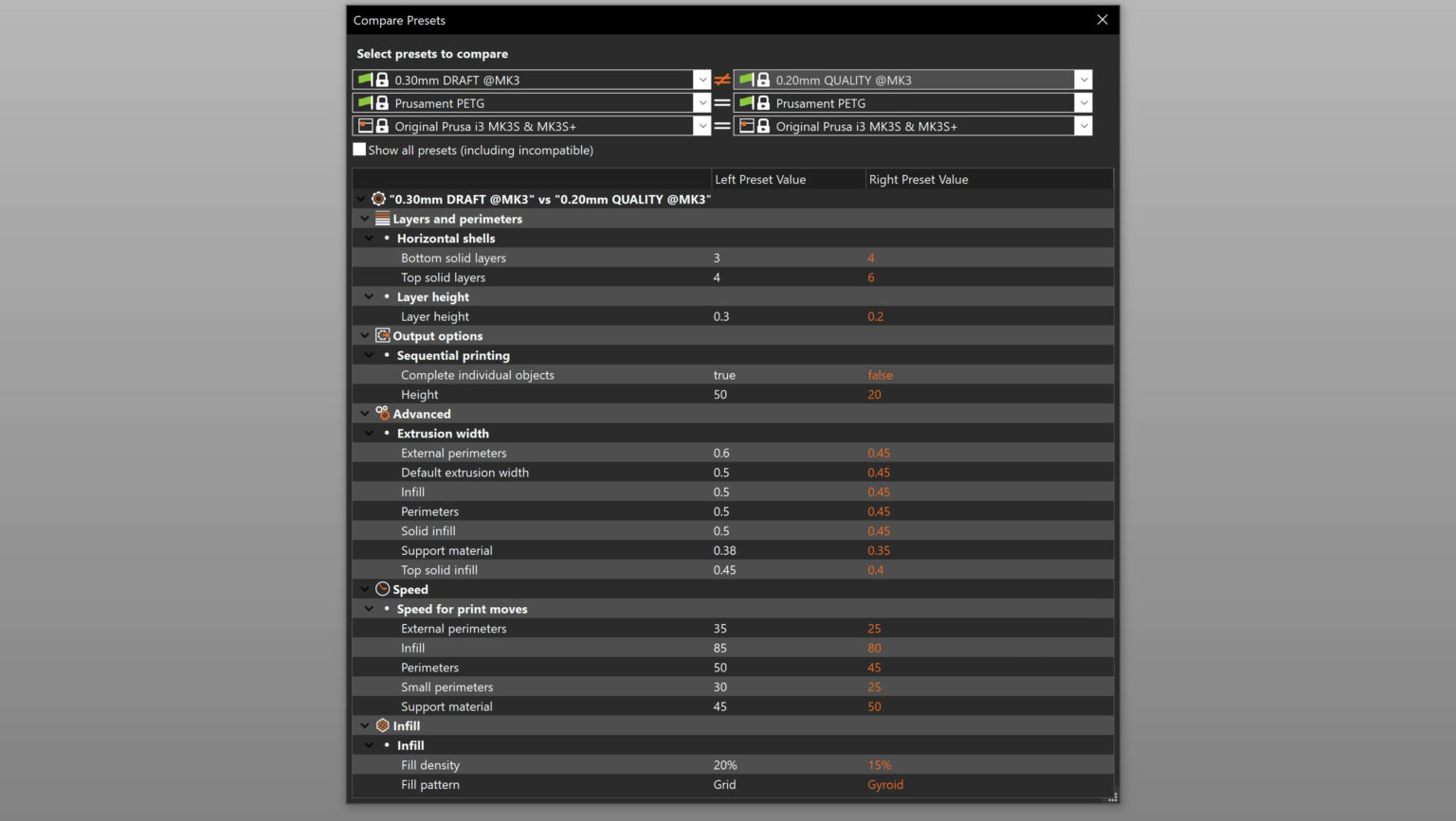 Compare presets | Prusa Knowledge Base