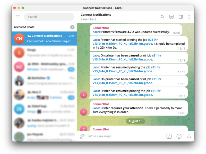 Prusa Connect - Telegram notifications setup | Prusa Knowledge Base