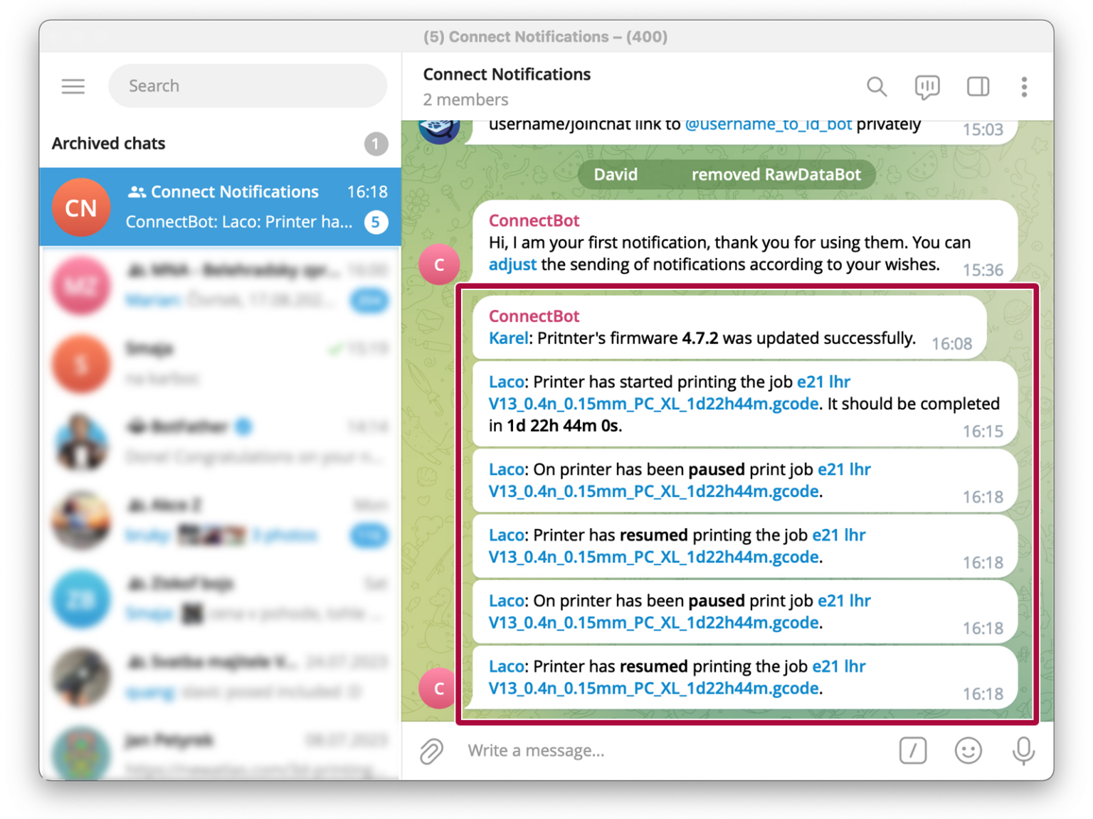 Prusa Connect - Telegram notifications setup | Prusa Knowledge Base