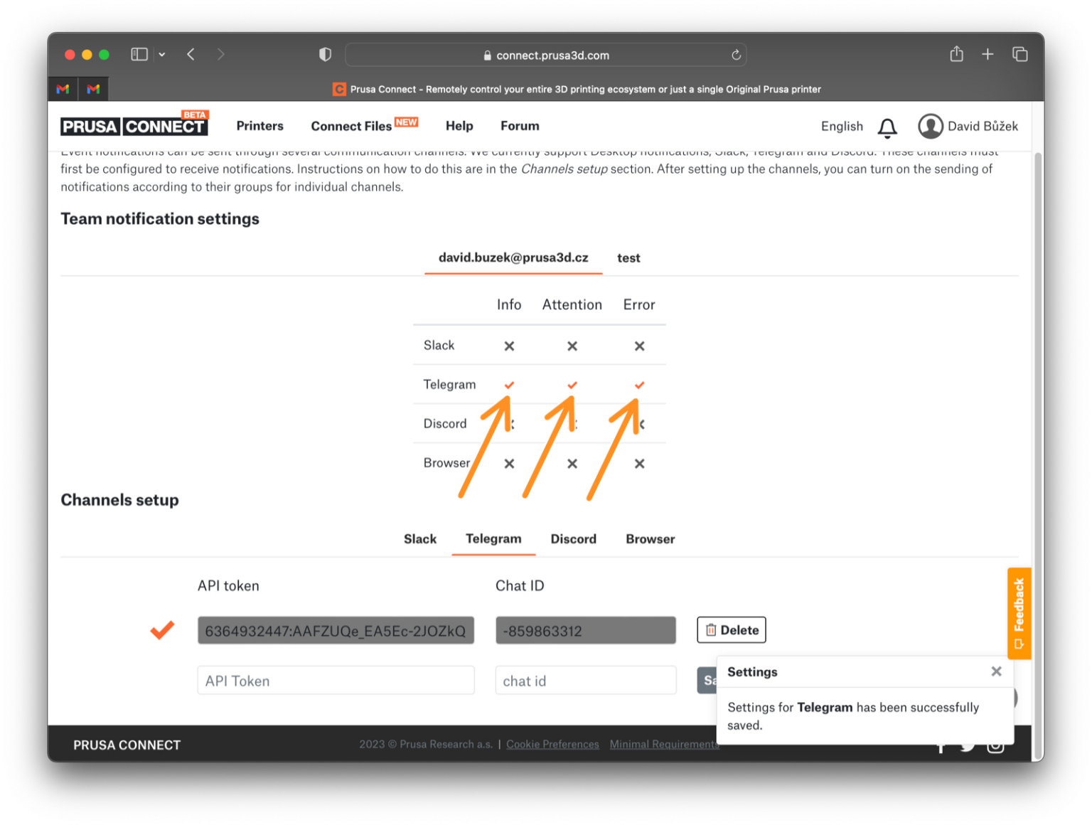 Prusa Connect - Telegram notifications setup | Prusa Knowledge Base