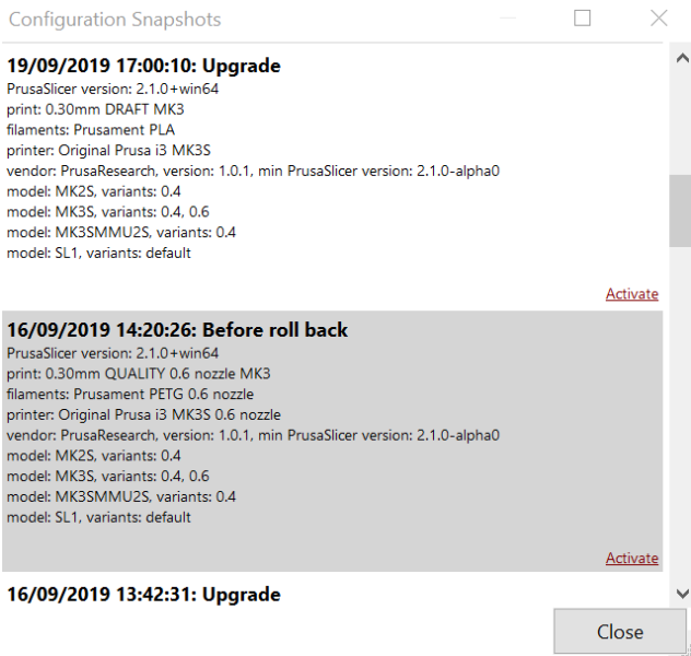 Configuration snapshots | Prusa Knowledge Base